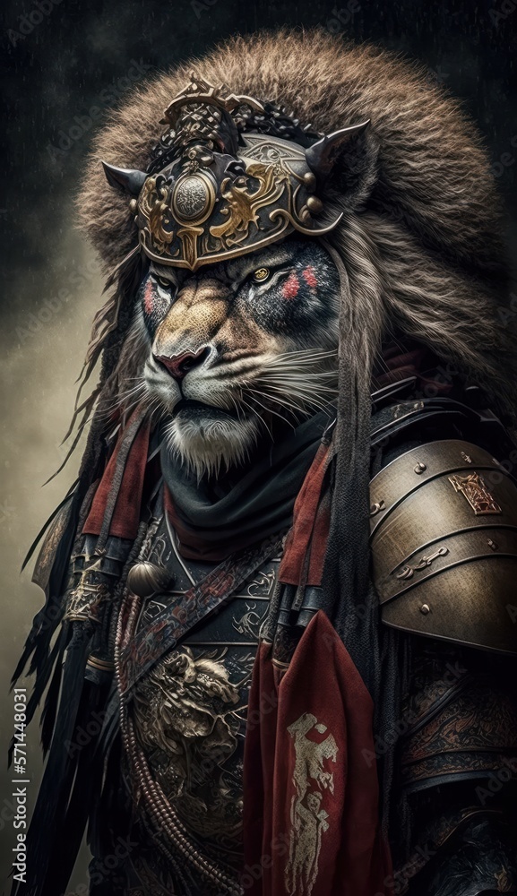 Majestic Animal Lion Shogun in Samurai Armor: A Depiction of Japanese ...