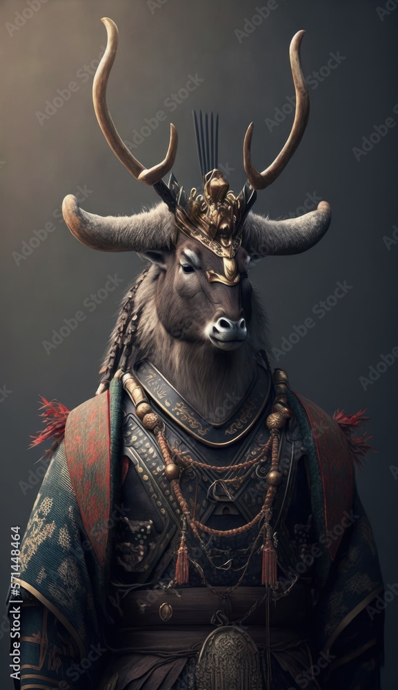 Majestic Animal Reindeer Shogun in Samurai Armor: A Depiction of ...