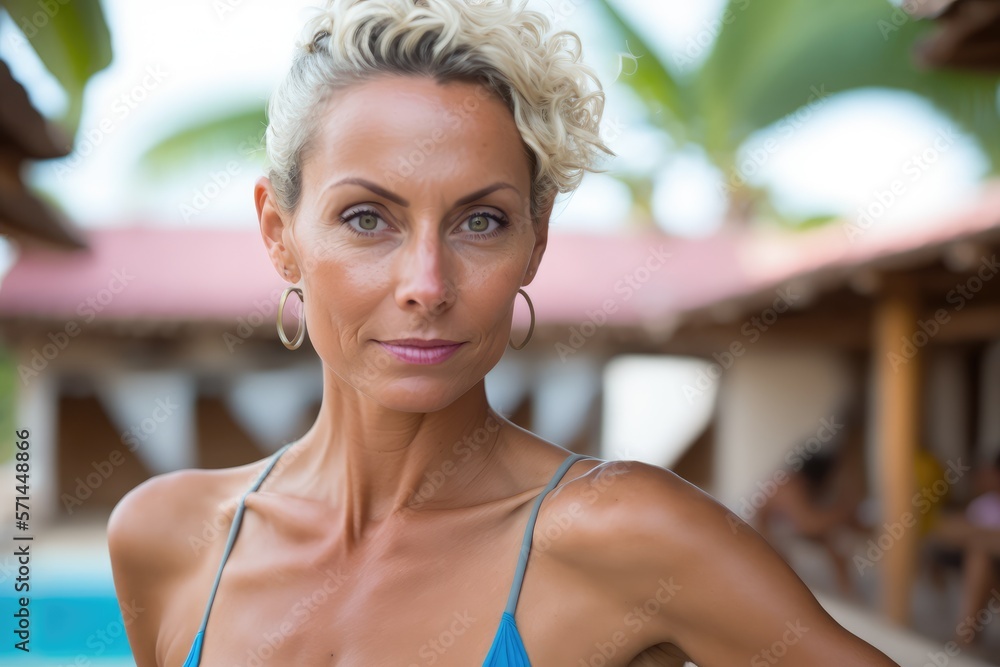 Attractive Short Haired Blond Mature Woman Posing In Swimsuit Looking At The Camera At A Resort
