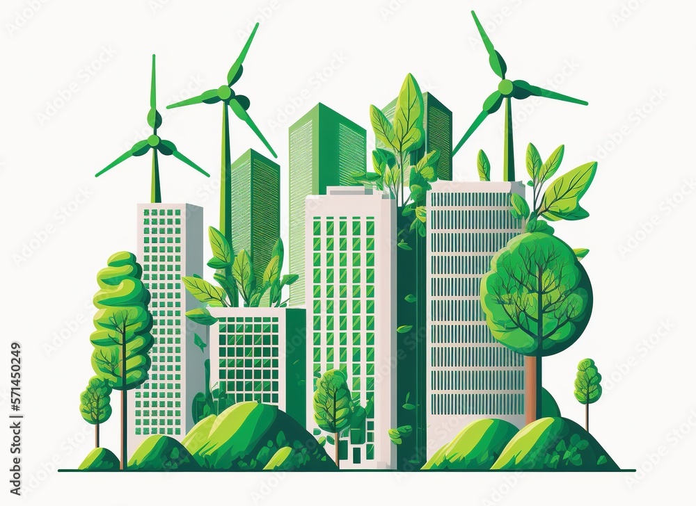 green buildings with wind turbines made with generative ai, vector ...