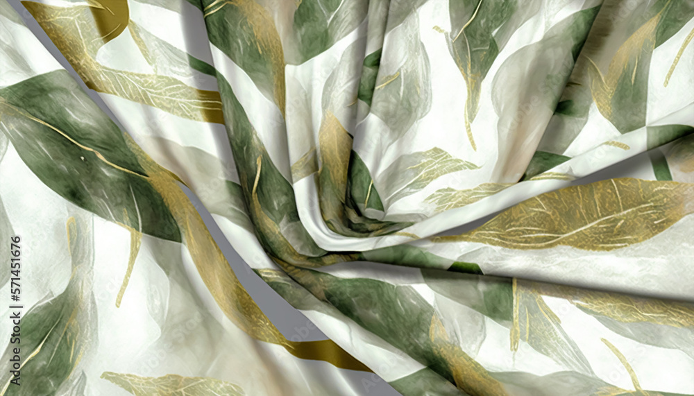 abstract double gauze fabric pattern. neutral tones, green leaf with ...