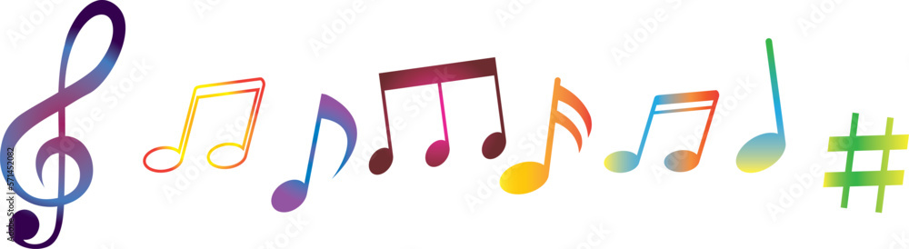 Colourful music note symbols of different color: pink, red, orange ...