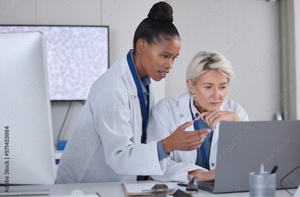 Teamwork, laptop and doctors planning in laboratory for medical ...