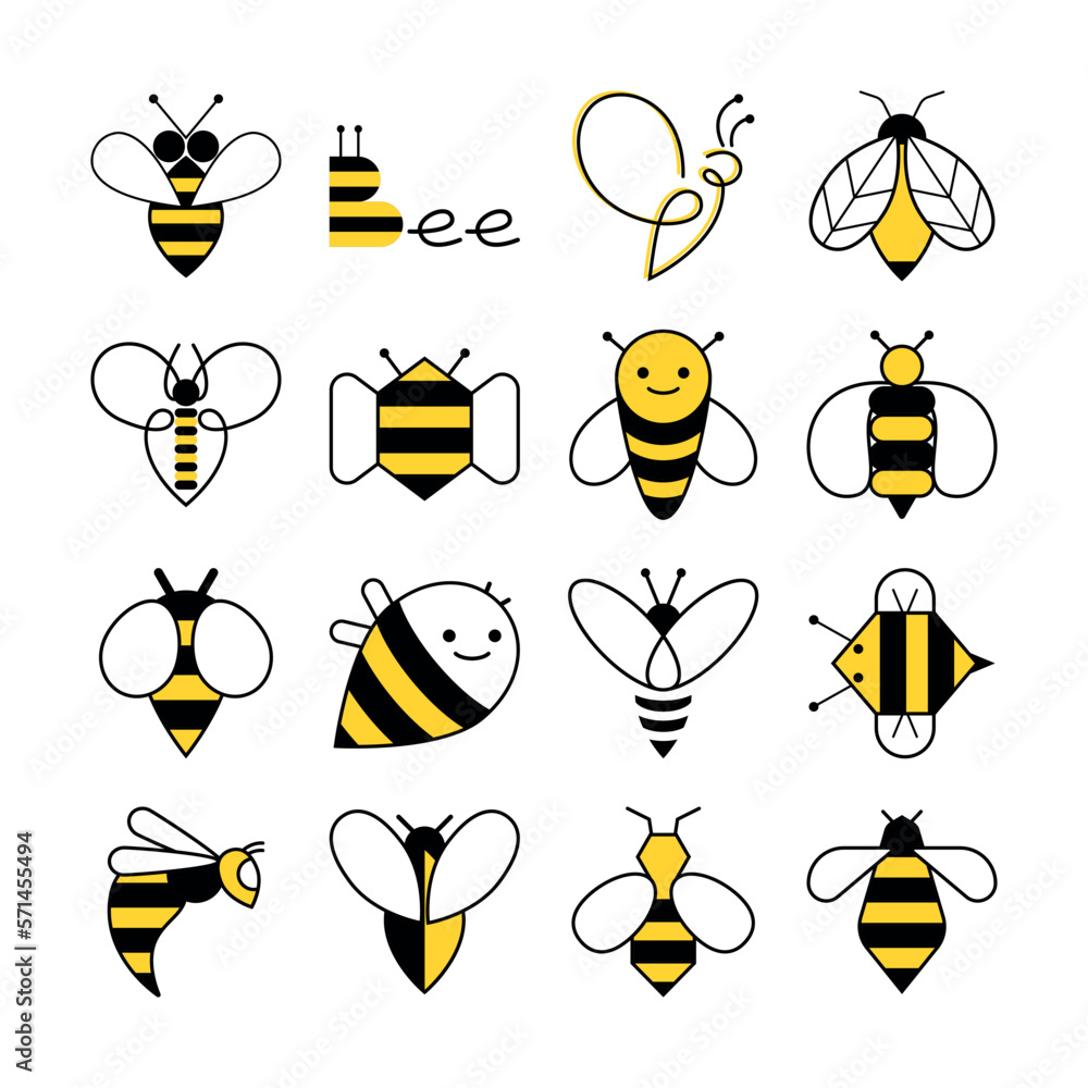 Bee logos, set colored object isolated on white background. Design for ...