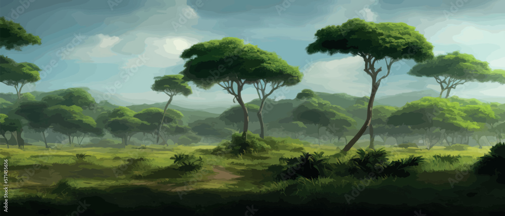 African savanna. Grass, acacia trees and river. Realistic vector ...