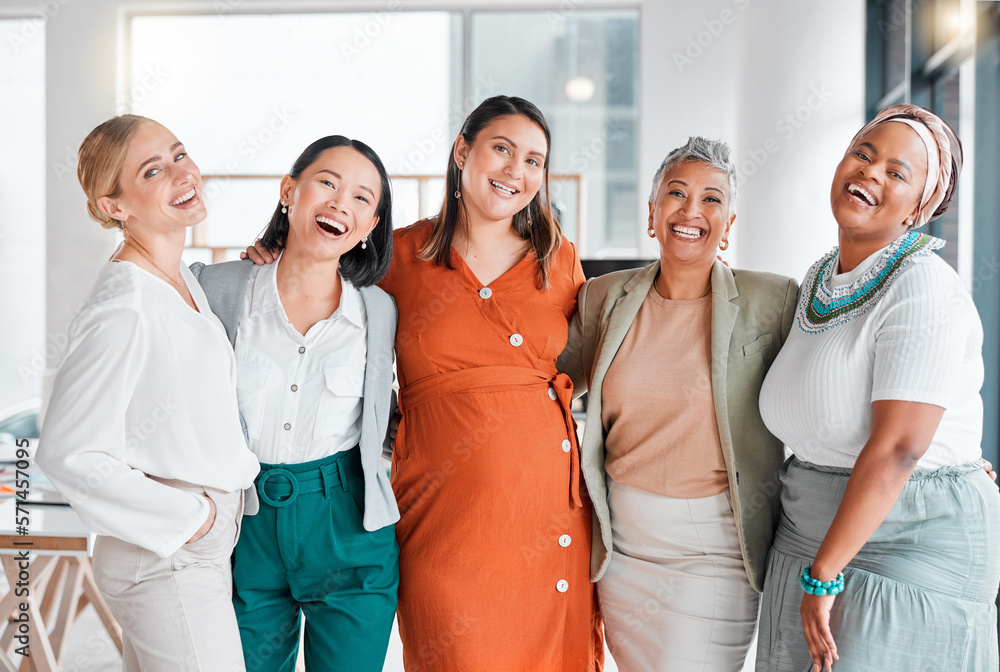 Professional women only, portrait and diversity in office teamwork ...