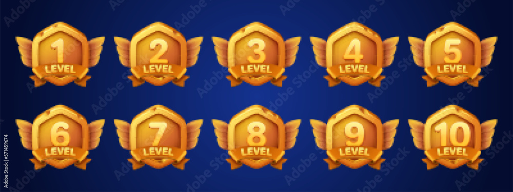 Game damaged gold badges with level number. Achievement rank emblems ...