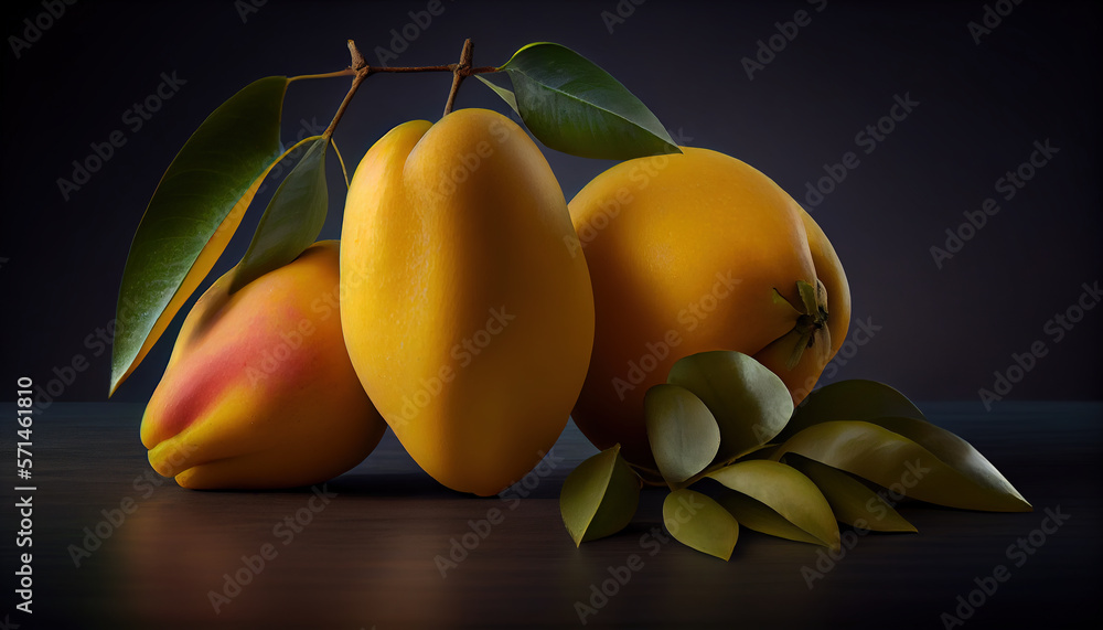 Fresh Yellow mangoes on a Wooden Table with a Bokeh Background High ...