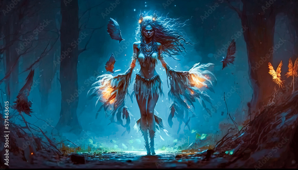 Shaman woman / witch evoking spirits in a mysterious night forest Post ...