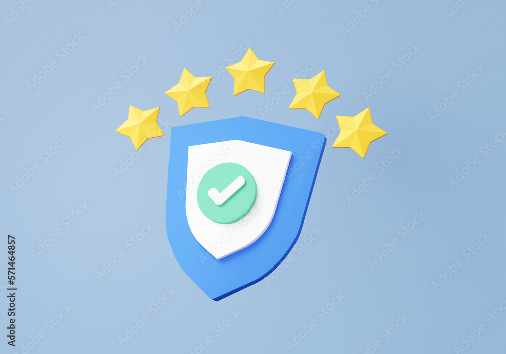 Blue protection shield icon and check mark with security, level five ...