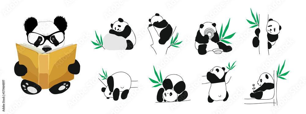 Set of little cute pandas in different poses - sitting, lying, hanging ...