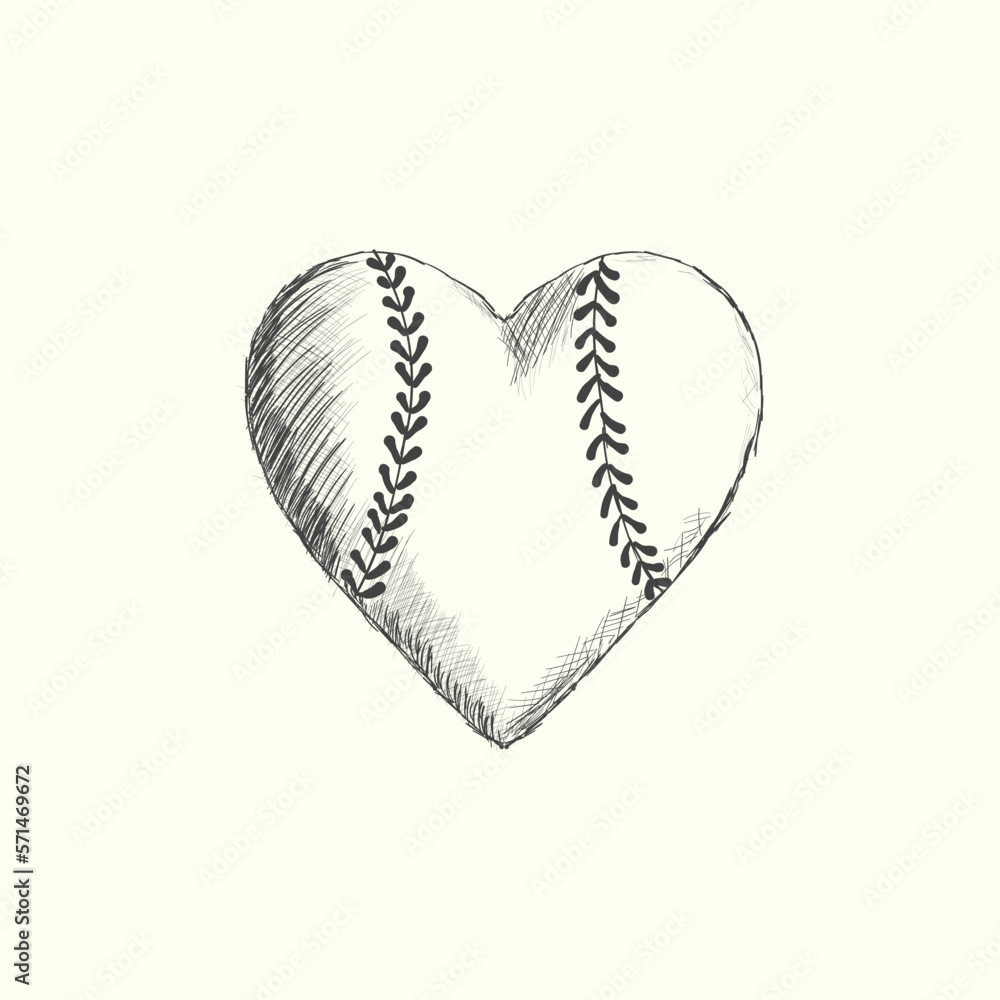Hand drawn heart shape baseball ball realistic vector illustration ...