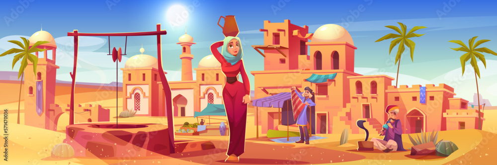 Ancient arab city with old houses and buildings in desert. Arabian town ...