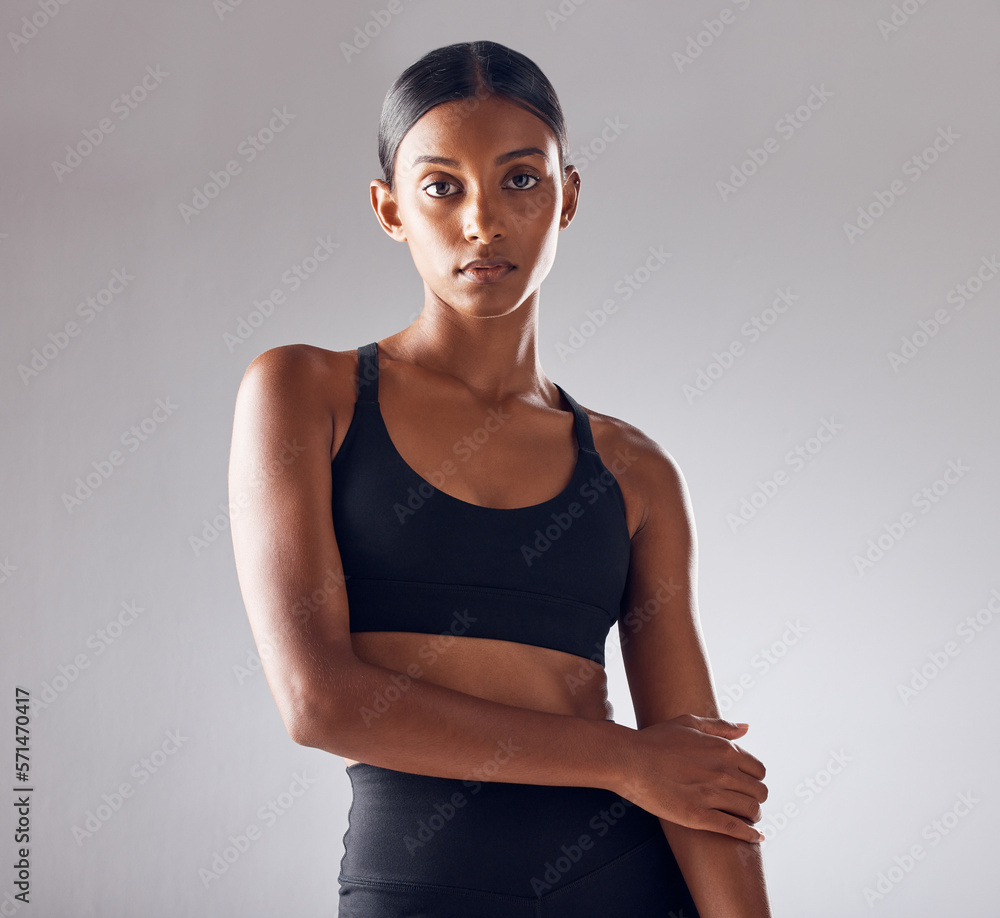 Portrait, fitness and beauty woman isolated on studio background for ...