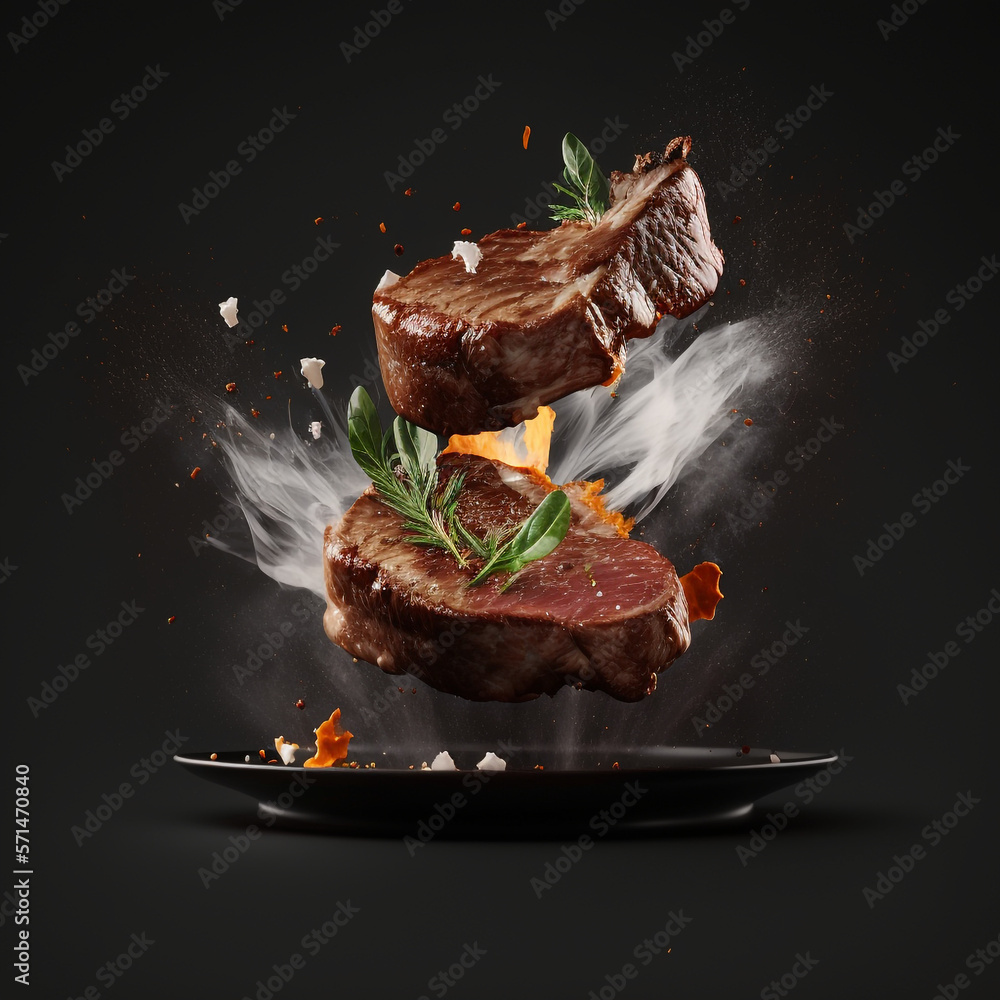 Savor the Flavor: Flying Steaks in a Black Background With Generative AI Stock Illustration ...