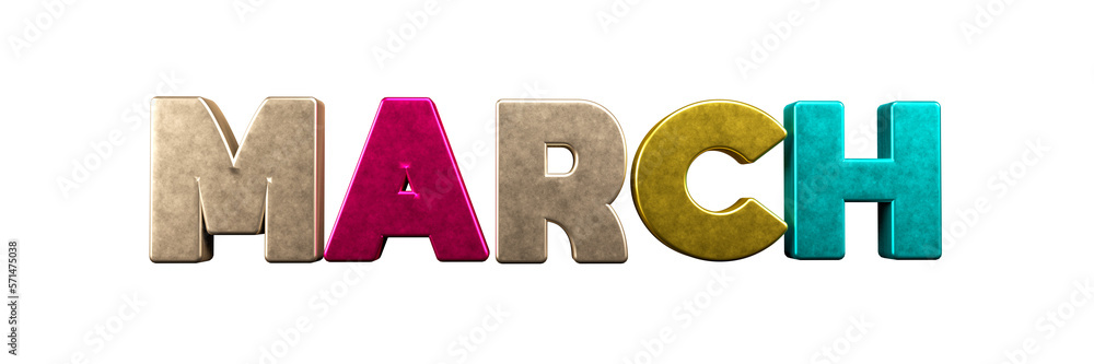 Bold and Colorful 3D march Text Illustration in Shades of Magenta, Blue ...