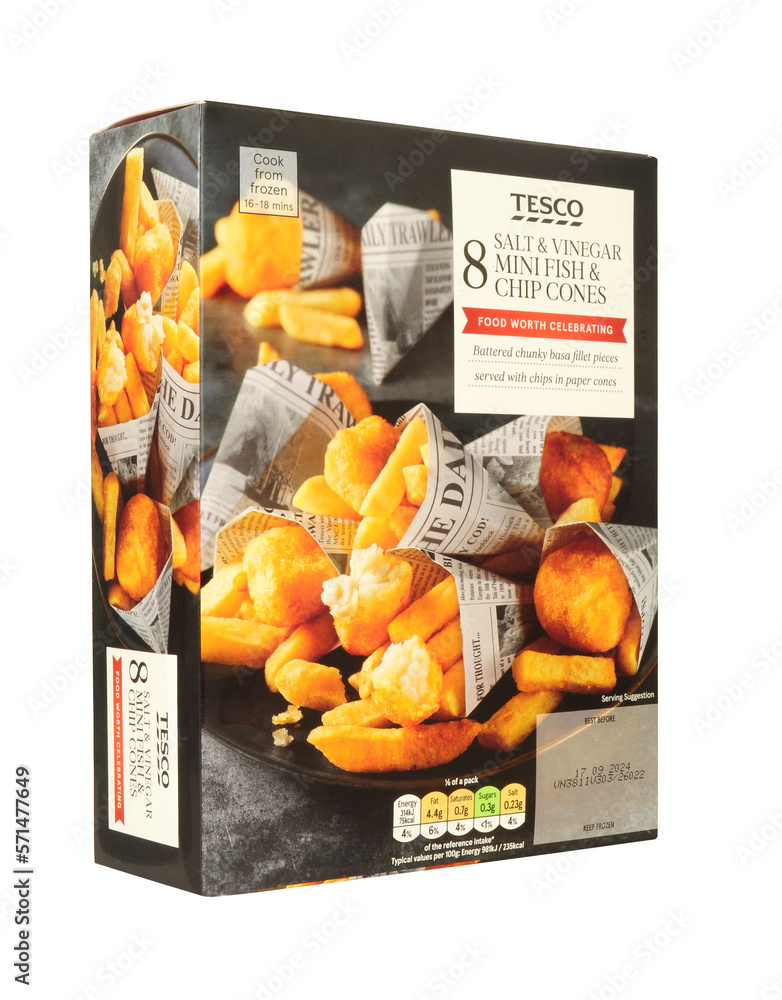 Tesco eight frozen salt and vinegar mini fish and chip cones battered ...