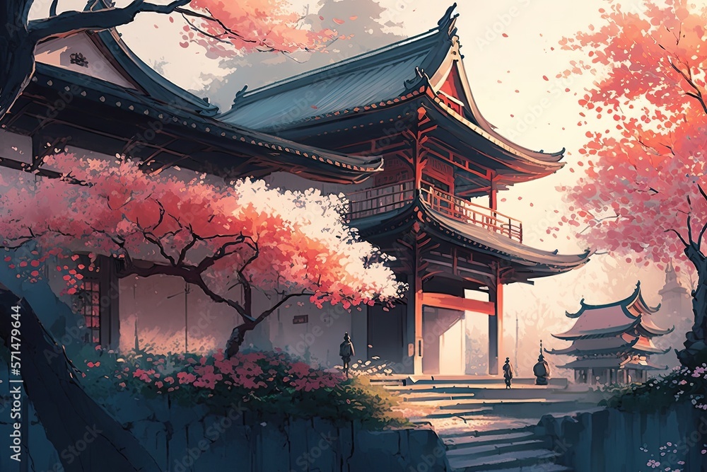 Eastern architecture is painted in watercolor. A building with a pagoda ...