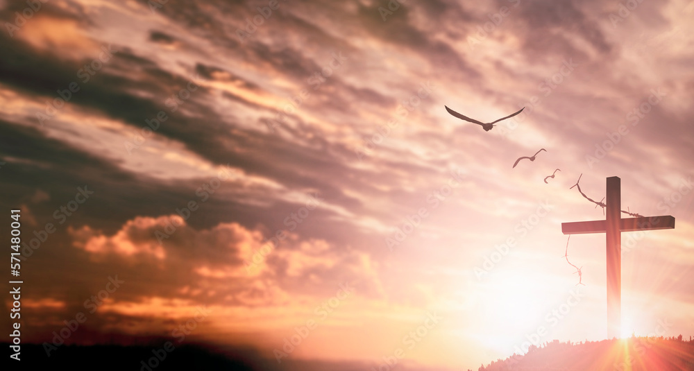 Cross of jesus christ break barrier wire on calvary sunset background ...