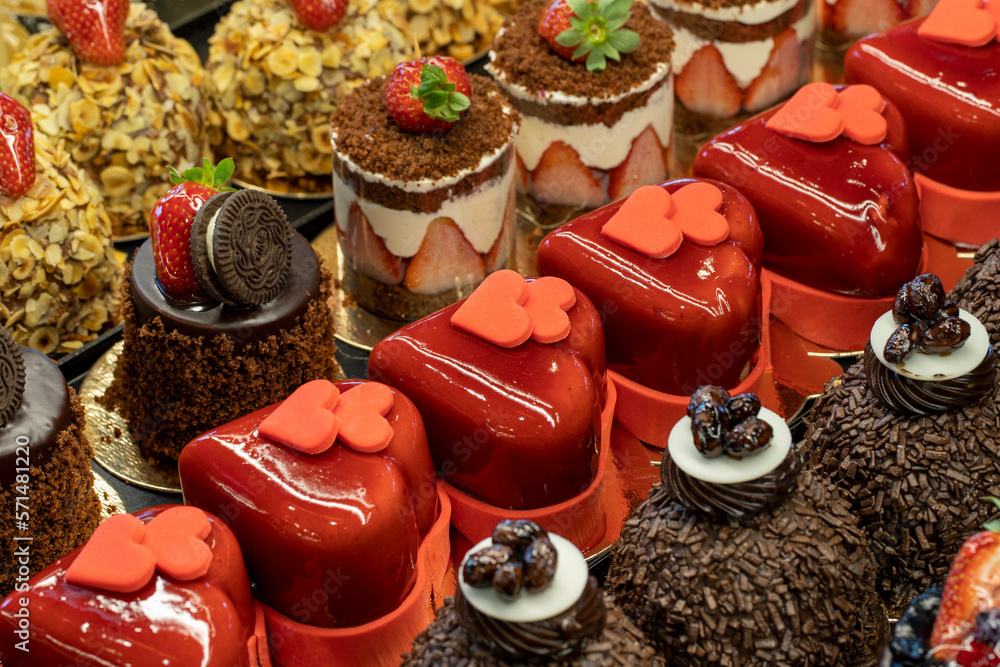Types of cakes. Delicious cakes in bulk at the patisserie counter ...