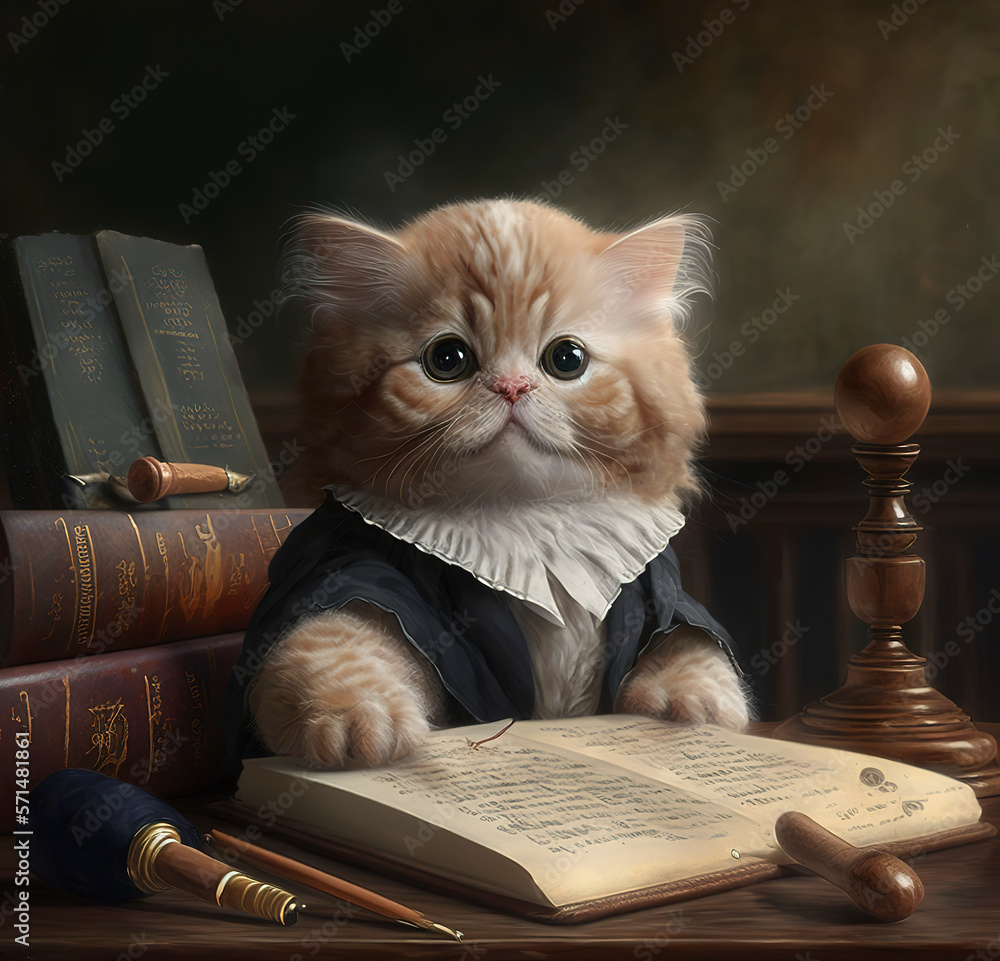 Lawyer cat in a suit and tie sits on the judge's desk, Generative art ...