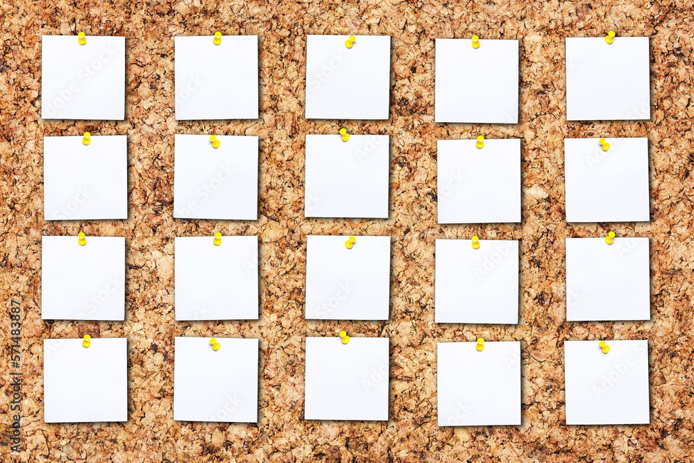 Sticky notes background. Reminder cards pinned to cork board wall ...