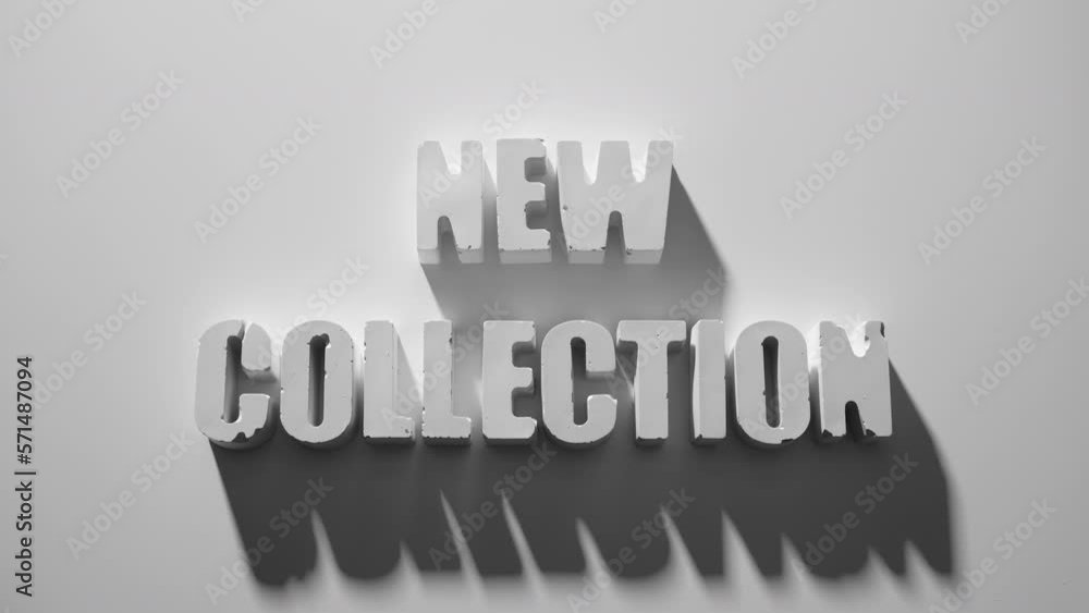 the words NEW COLLECTION appearing letter by letter on white background ...