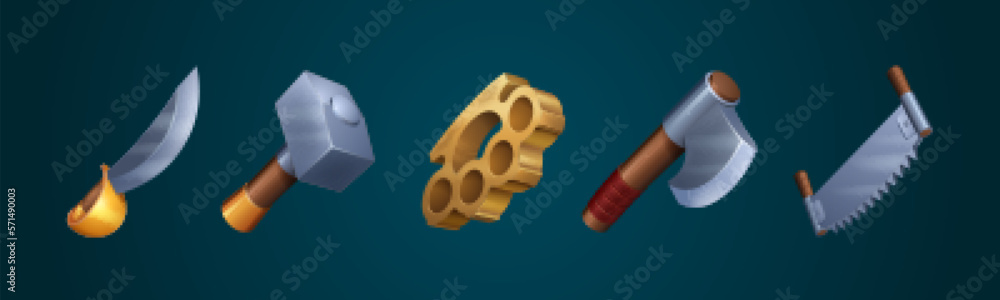 Cartoon set of game weapon or tools isolated on background. Vector ...