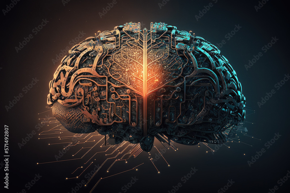 Very realistic image of a human brain glowing with symbols of ...