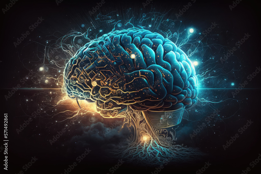 Very realistic image of a human brain glowing with symbols of ...