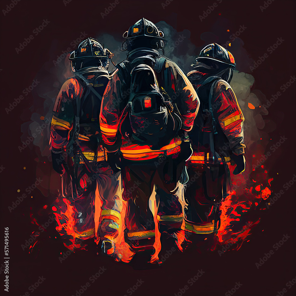 Firemen fighting a raging fire with flames created with AI Stock ...