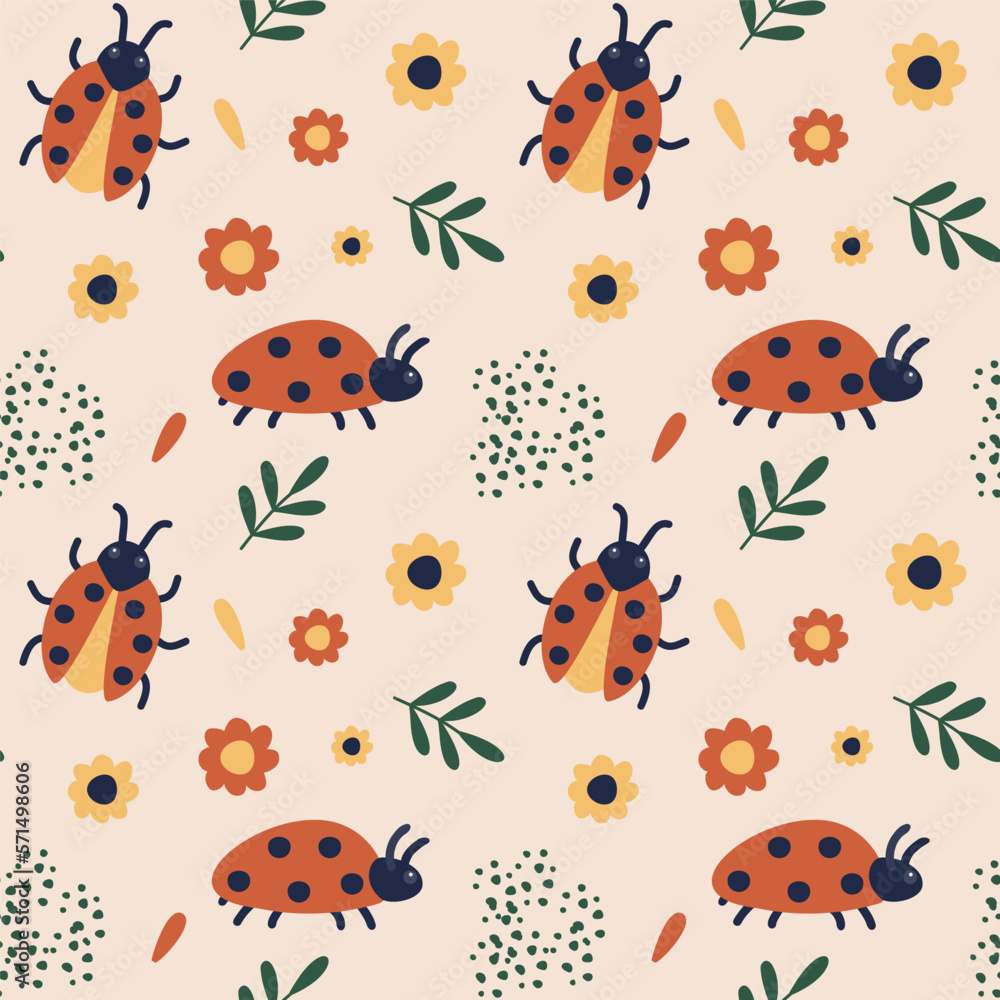 Seamless pattern with ladybug, flowers and leaves. An insect crawls ...