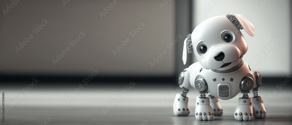 Cute robotic puppy isolated on large empty background. White happy ...