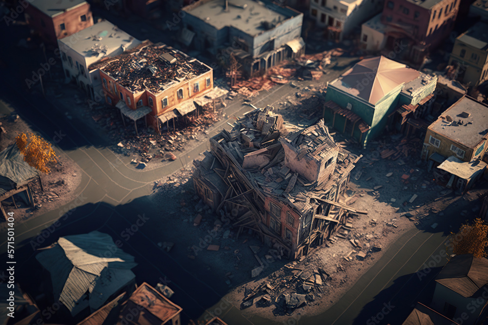 Aerial view Ruined, destroyed buildings, house after earthquake or war ...