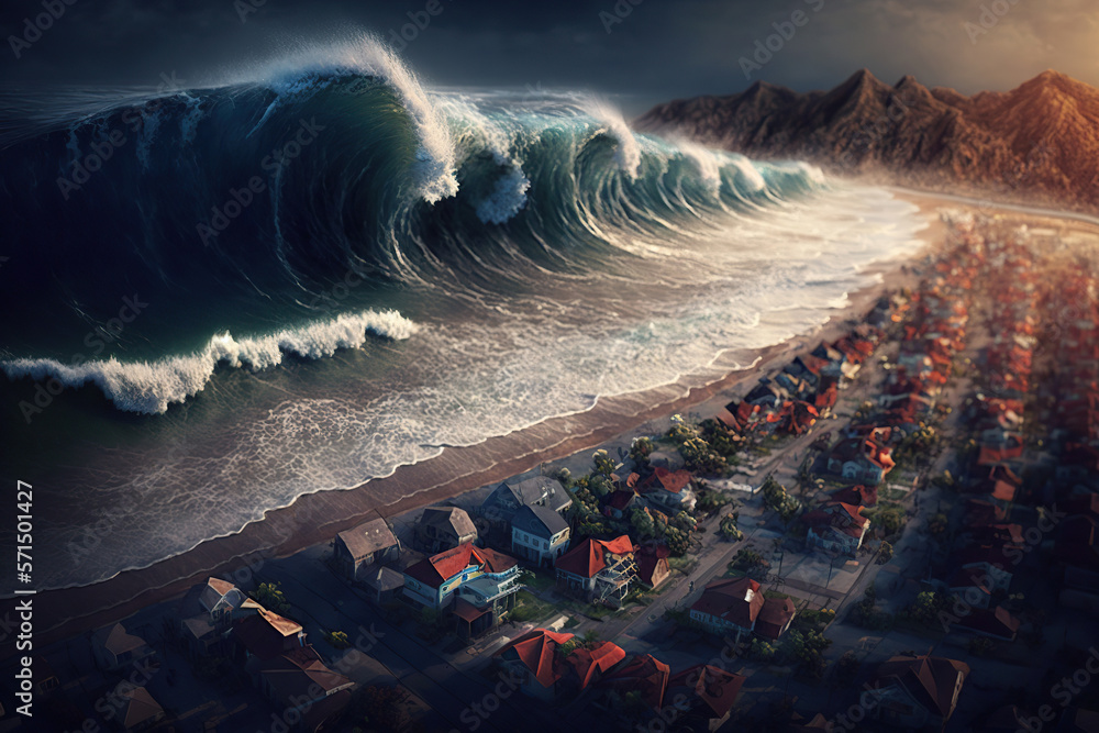 Aerial view Tsunami wave washing through a city street, crashing the ...