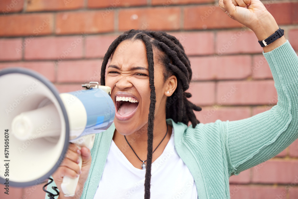 Speaker, protest or angry black woman with speech announcement for ...