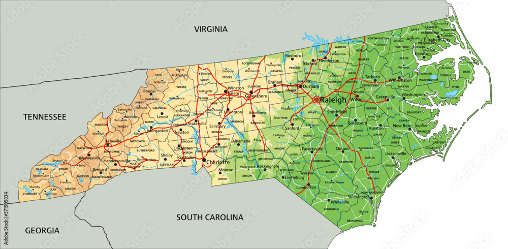 High detailed North Carolina physical map with labeling. Stock Vector ...