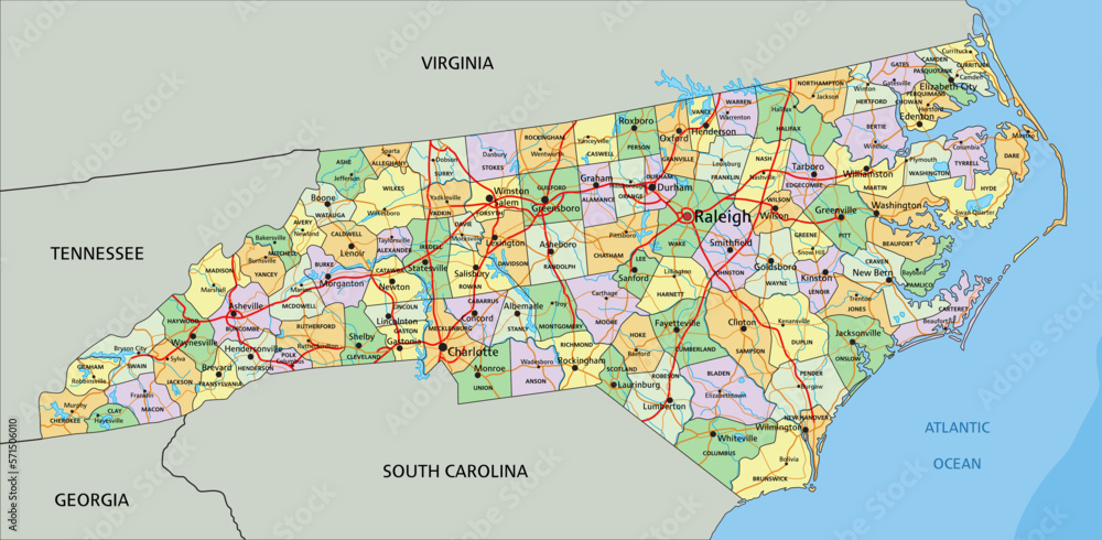 North Carolina - Highly detailed editable political map with labeling ...
