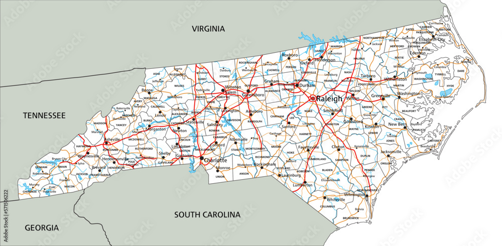 High detailed North Carolina road map with labeling. Stock Vector ...