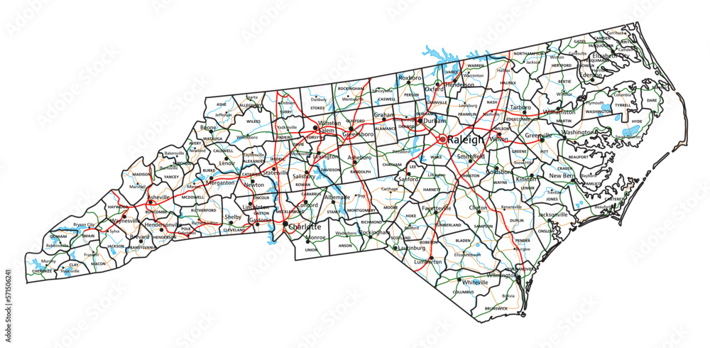 North Carolina road and highway map. Vector illustration. Stock Vector ...