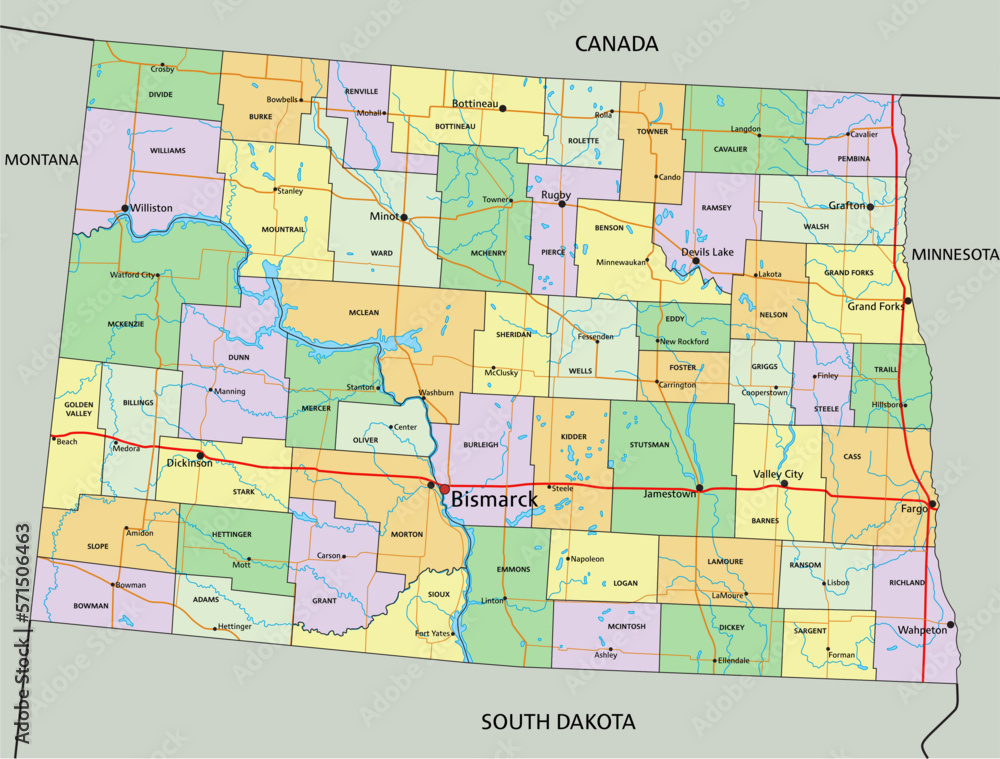 North Dakota - Highly detailed editable political map with labeling ...
