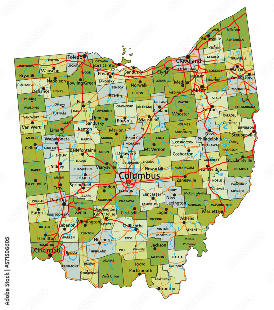 Highly detailed editable political map with separated layers. Ohio ...