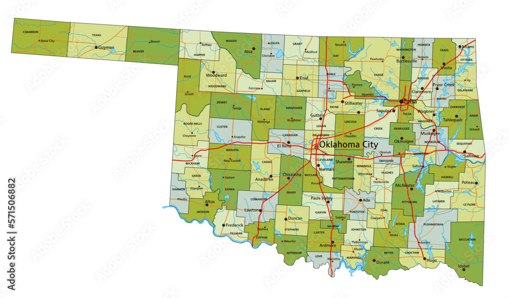 Highly detailed editable political map with separated layers. Oklahoma ...
