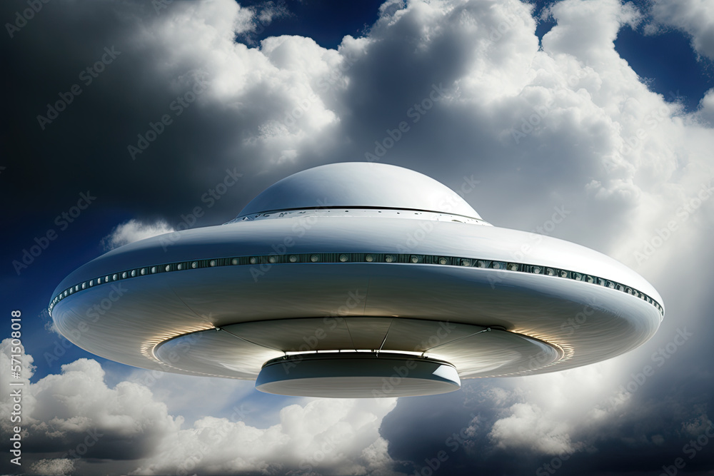 flying saucer shaped ufo, in the blue sky with clouds, Generative ai ...