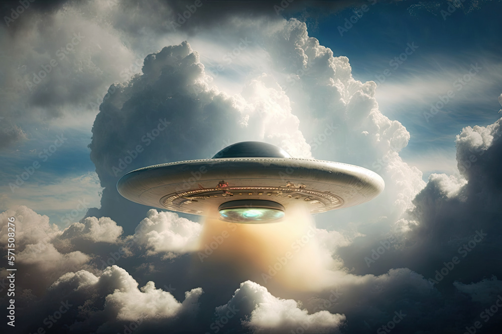 flying saucer shaped ufo, in the blue sky with clouds, Generative ai ...