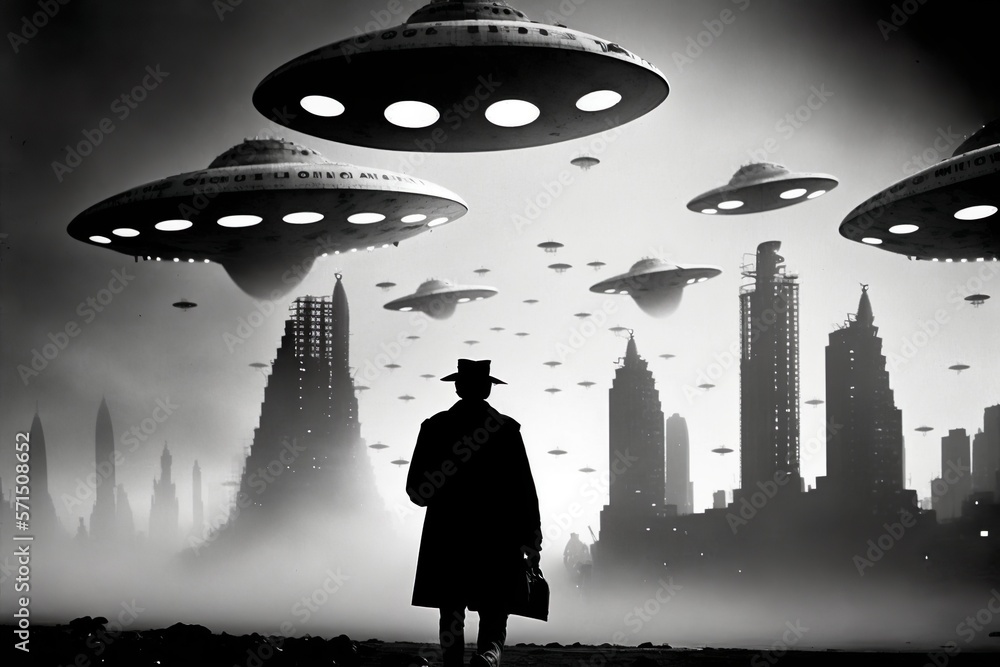 Scary alien spaceship scene. Surreal black and white concept with an ...