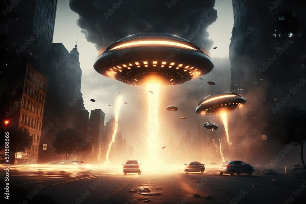 Scary alien spaceship scene. Epic concept with an floating UFO ship ...