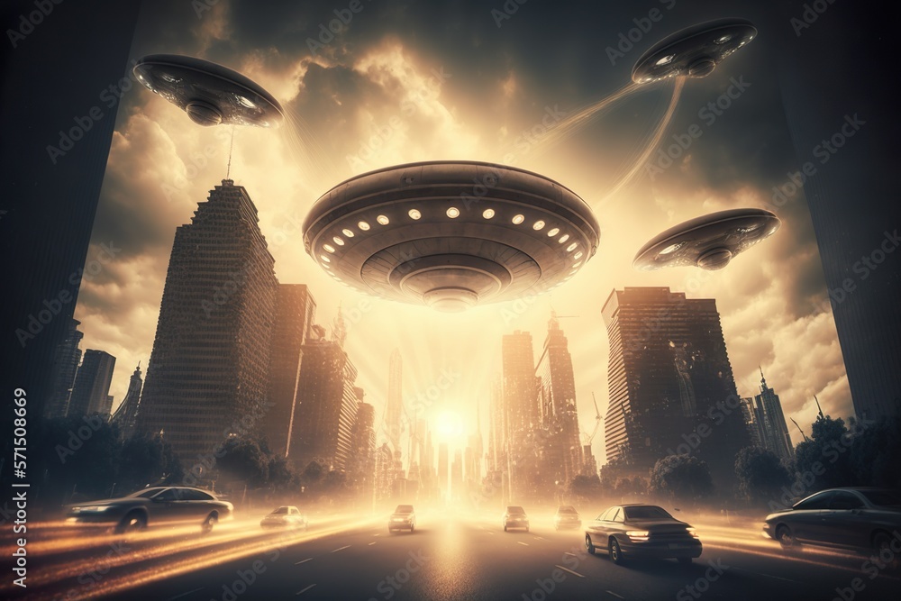 Scary alien spaceship scene. Epic concept with an floating UFO ship ...