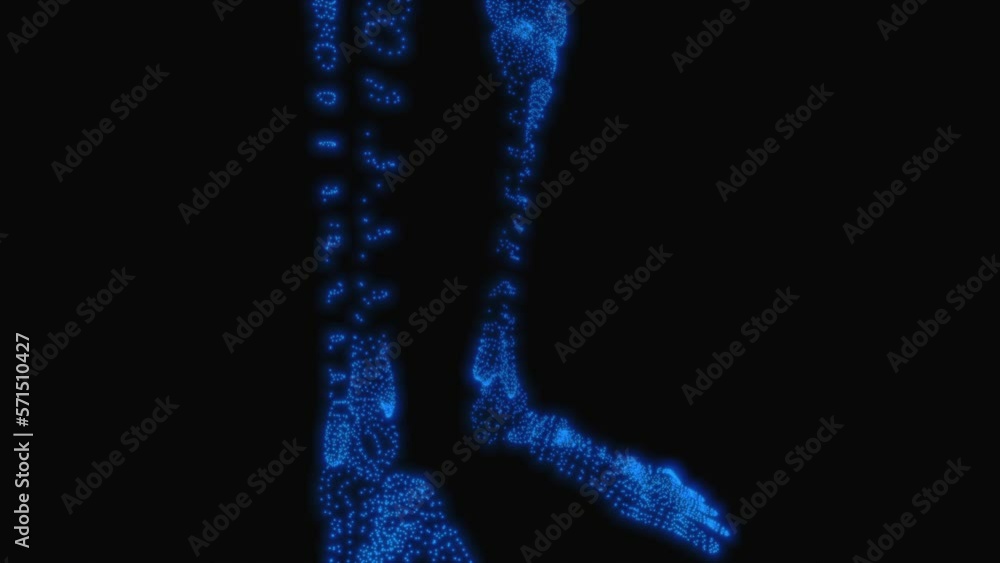 Scan an abstract human skeleton from blue dots on a black background. A ...