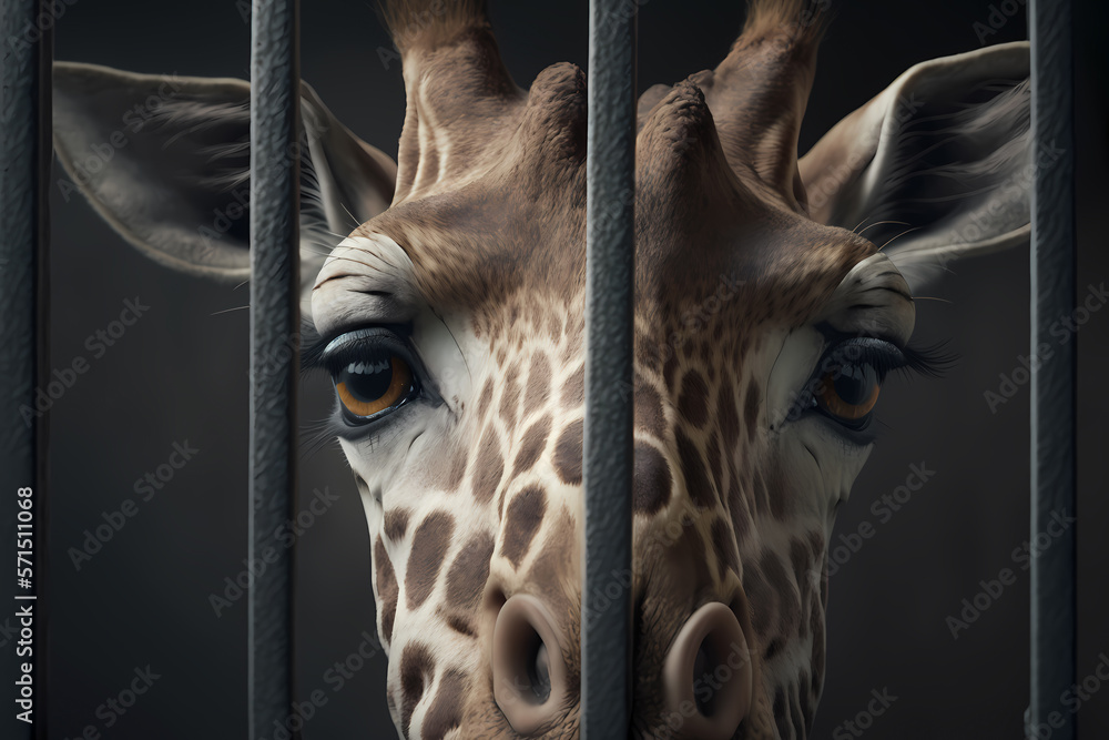 Portrait of giraffe behind bars in lattice cage. Concept Unlawful ...